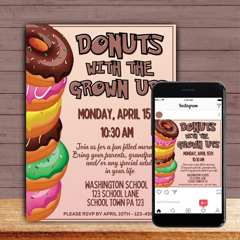 Donuts With Grown-ups Flyer & Social Media Templates, Editable in Canva ...