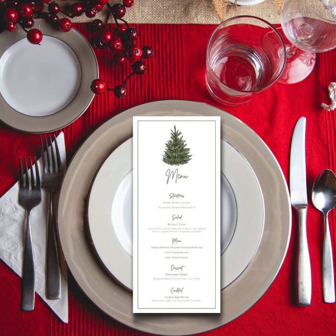 Christmas Dinner Menu Template, Printable Holiday Menu, Holiday Dinner ...