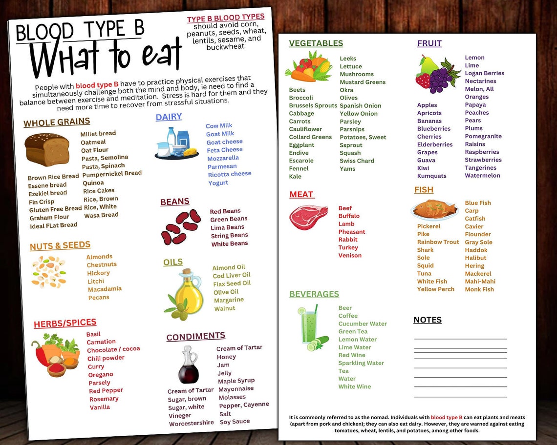 Blood Type B Food List and Diet Guide Blood Group Food Chart - Etsy