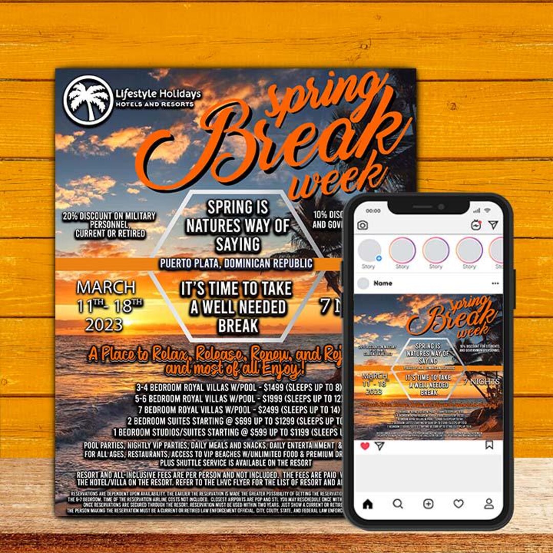 Spring Break/vacation Flyer and Instagram Template, Editable Photoshop ...