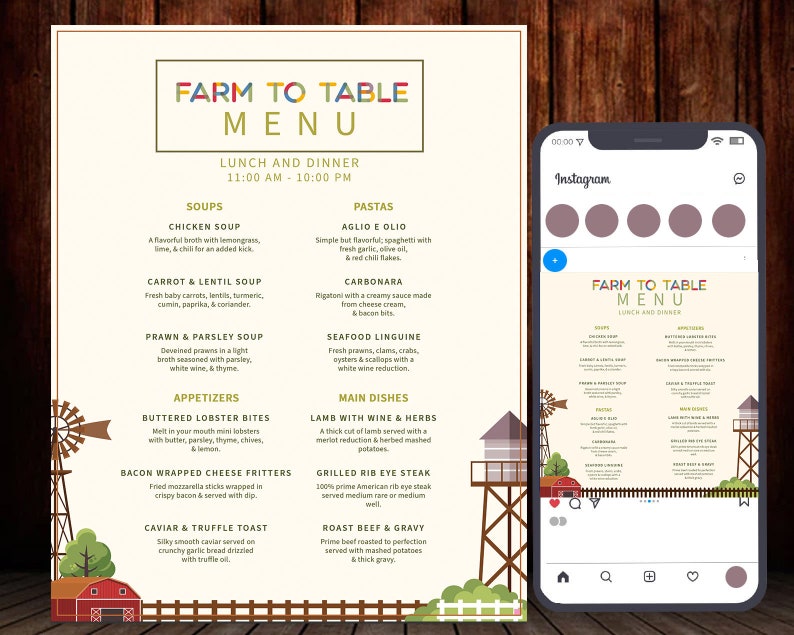 Farm to Table Menu and Instagram Post Template Editable - Etsy
