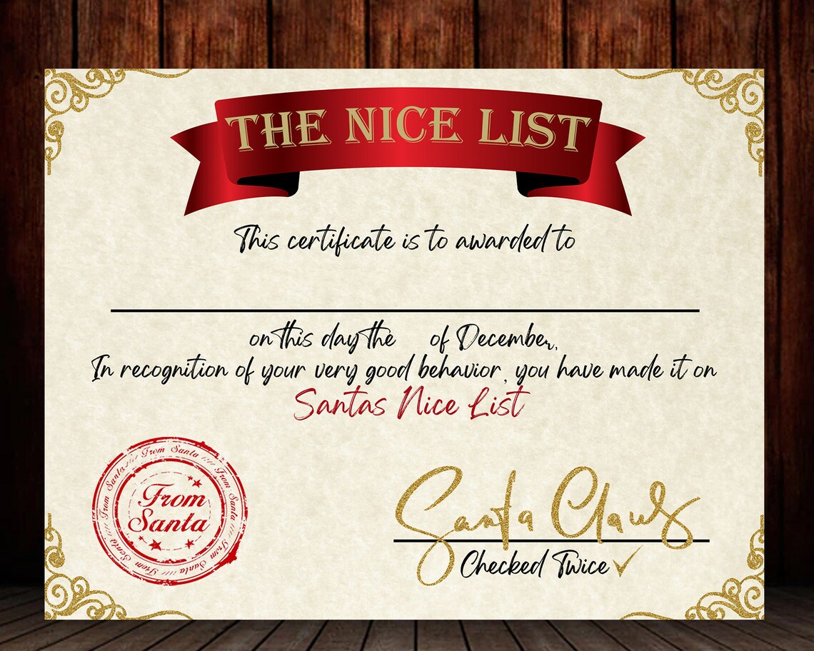Santa's Nice List Certificate Template Nice List Santa - Etsy