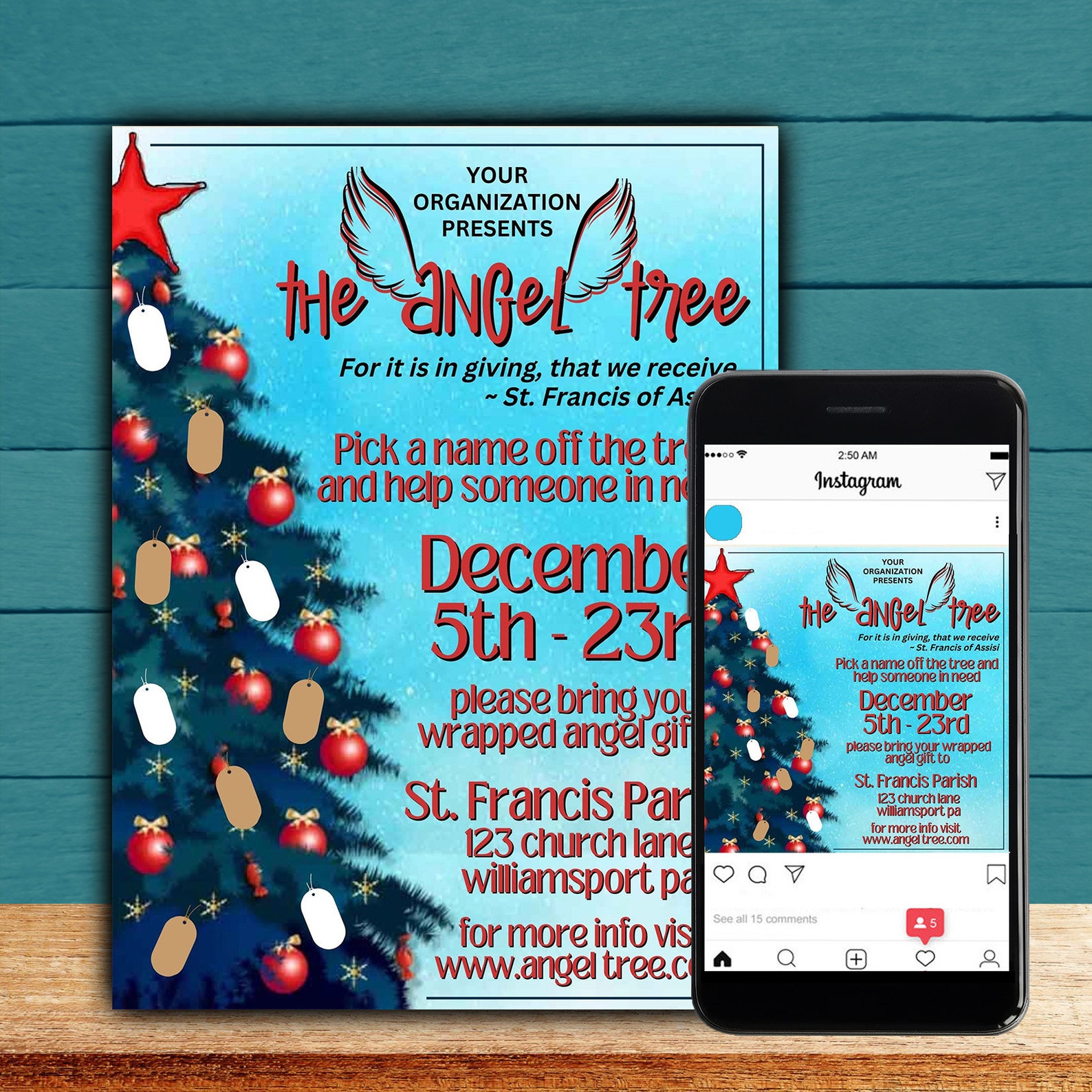 Angel Giving Tree Flyer Template- Editable in Canva - Fundraiser Flyer ...