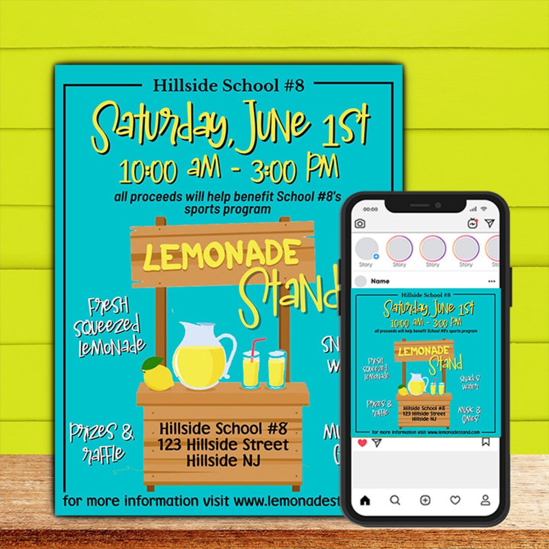 Lemonade Stand Flyer And Instagram Post Template Editable Photoshop