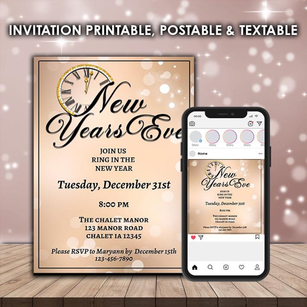 New Years Eve Invitation Template – Editable Party Invite, Social Media ...