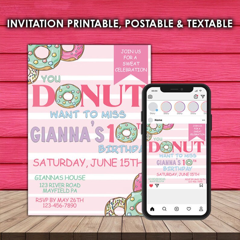 Donut Invitation Template Party Editable in Photoshop Social Media Post ...
