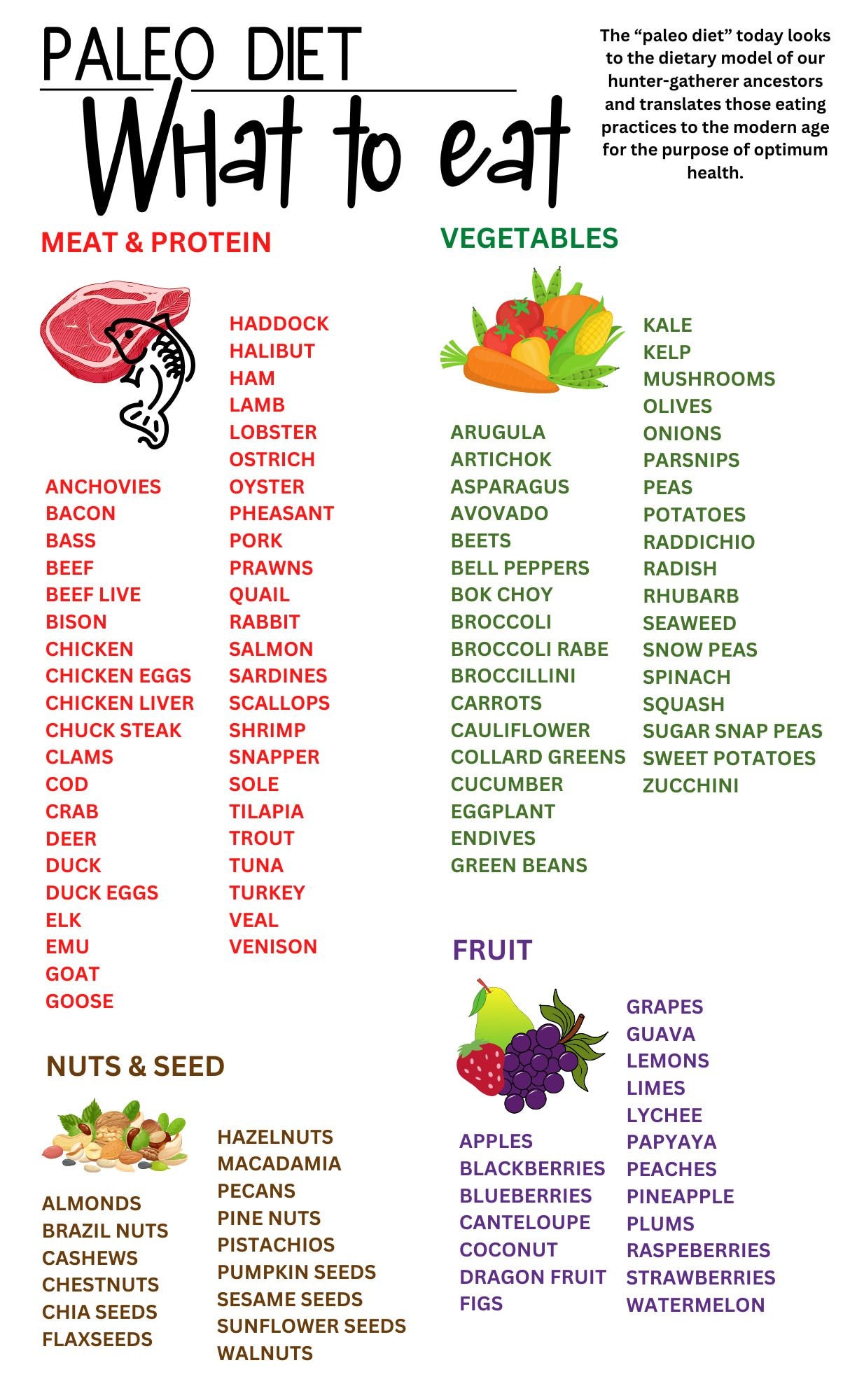 Paleo Food List and Diet Guide, Patient Education Information Chart ...
