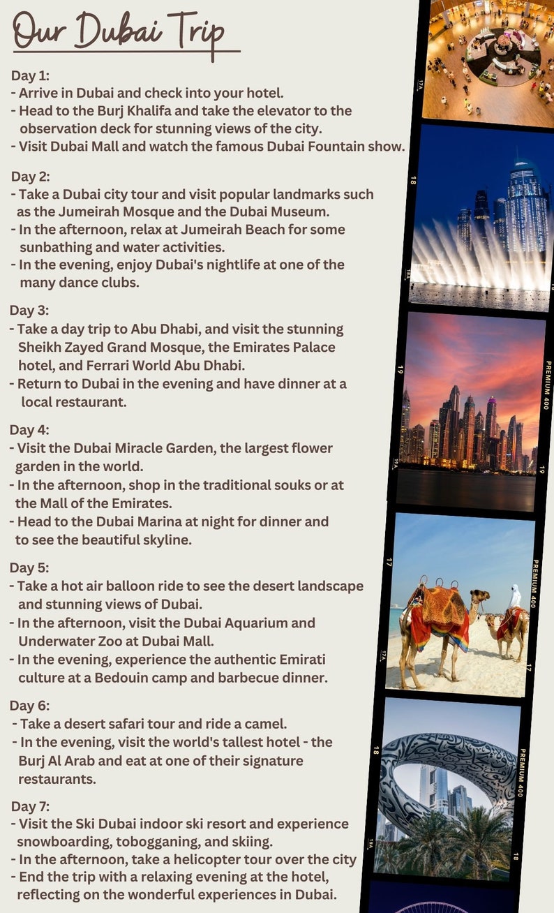 Dubai UAE Travel Itinerary, Vacation Planner, Editable in Canva,2 ...