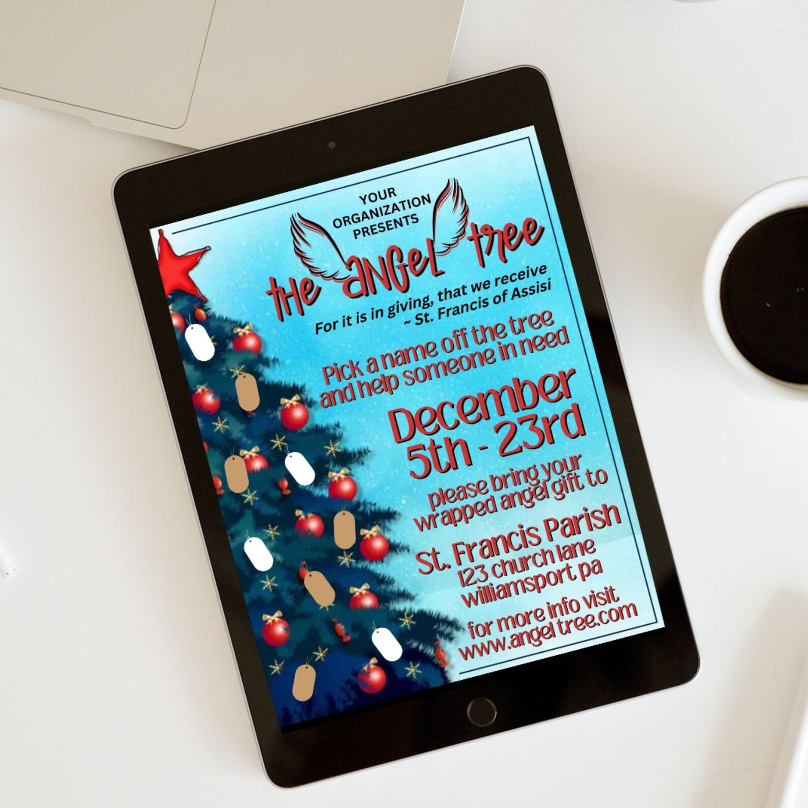 Angel Giving Tree Flyer Template- Editable in Canva - Fundraiser Flyer ...
