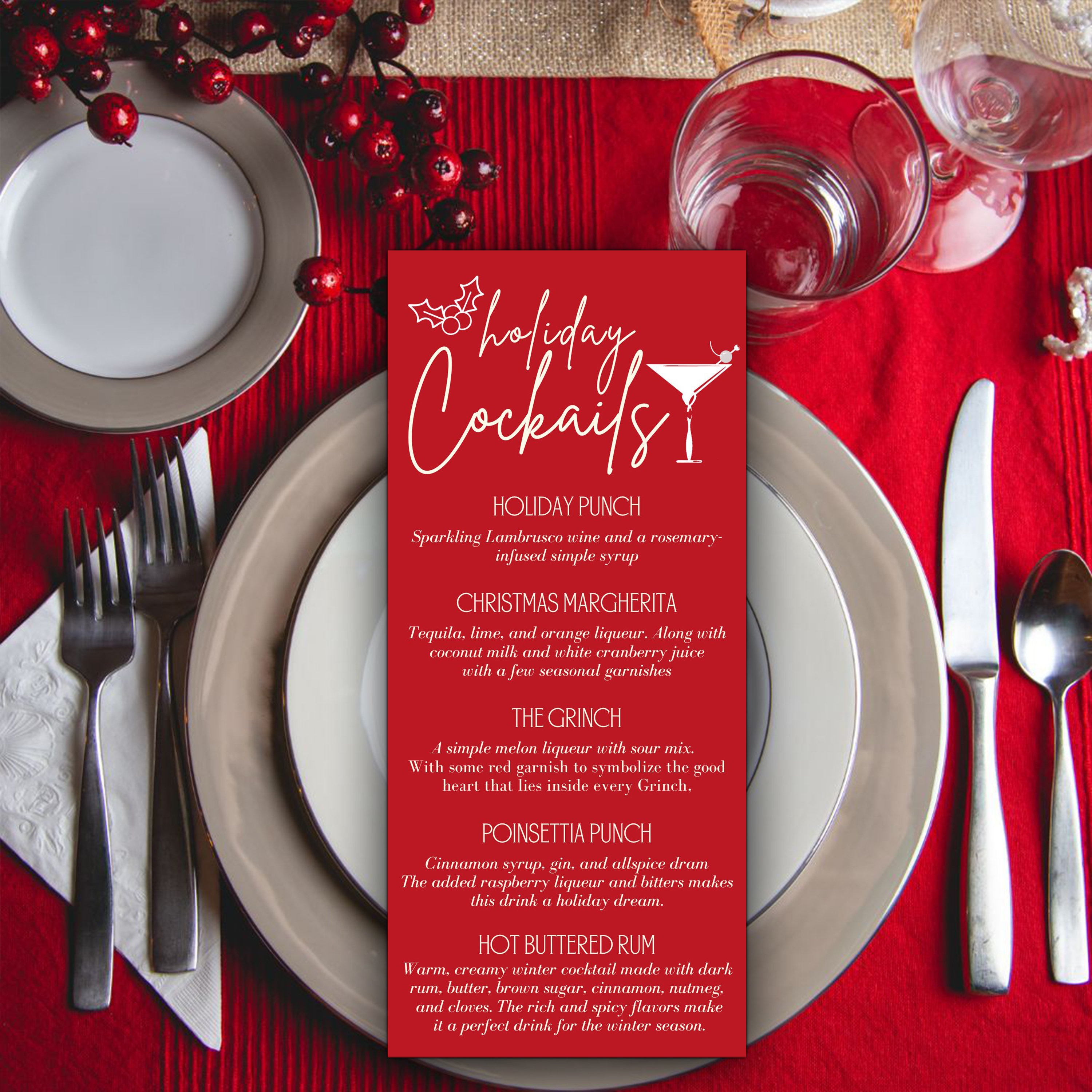 Holiday Cocktail Menu Template, Printable Drink Menu, Christmas Bar ...