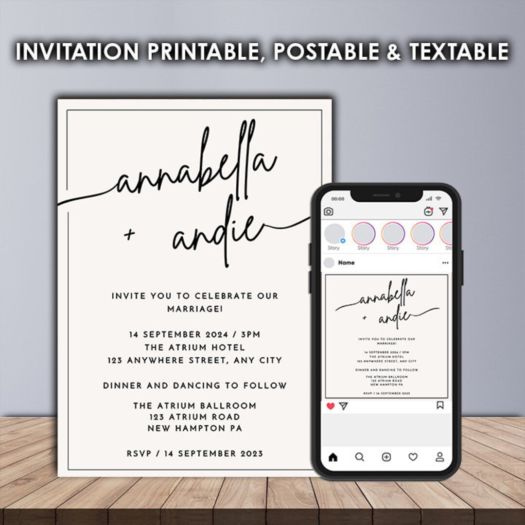 Wedding Invitation and Social Media Post Template - Simple, Editable in ...