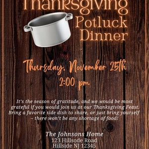 Thanksgiving Potluck Invitation Template - Dinner Party - Editable in ...