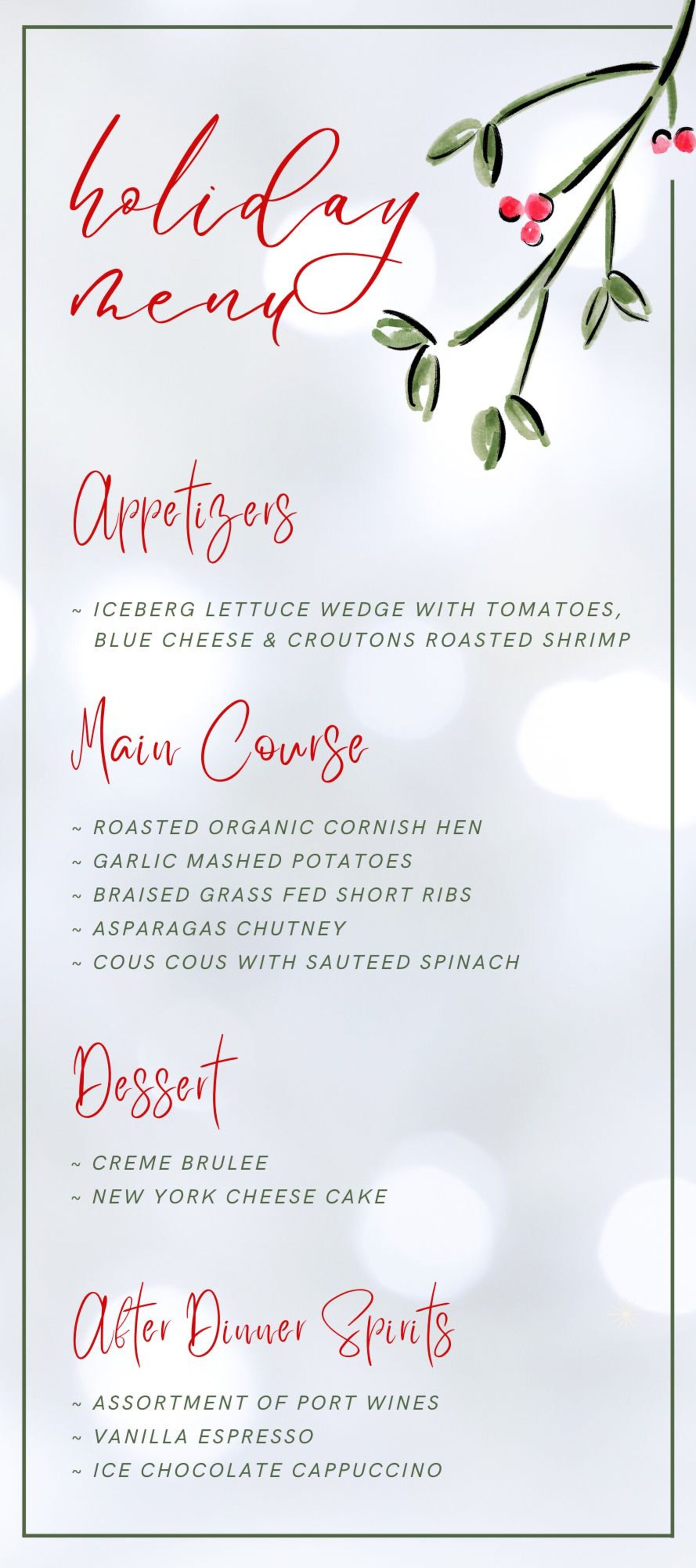 Christmas Dinner Menu Template, Printable Holiday Menu, Holiday Dinner ...