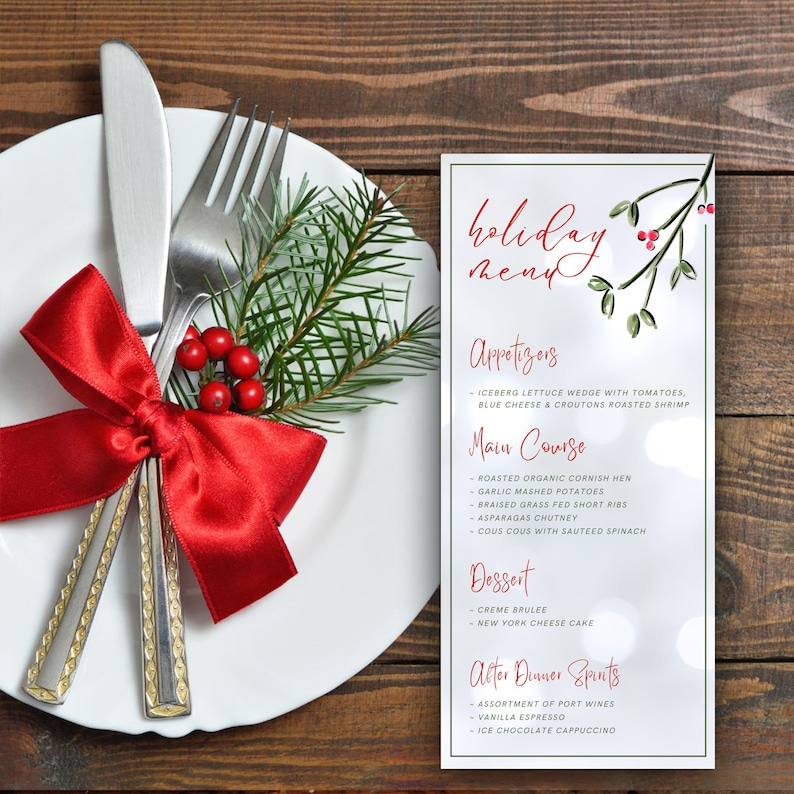 Christmas Dinner Menu Template, Printable Holiday Menu, Holiday Dinner ...