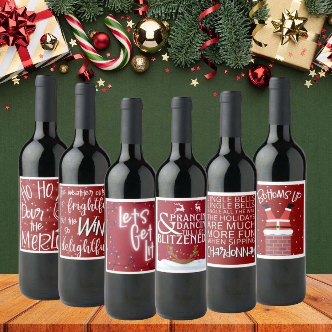 6 Funny Christmas Wine Labels, Christmas Gift, Christmas Wine Labels ...