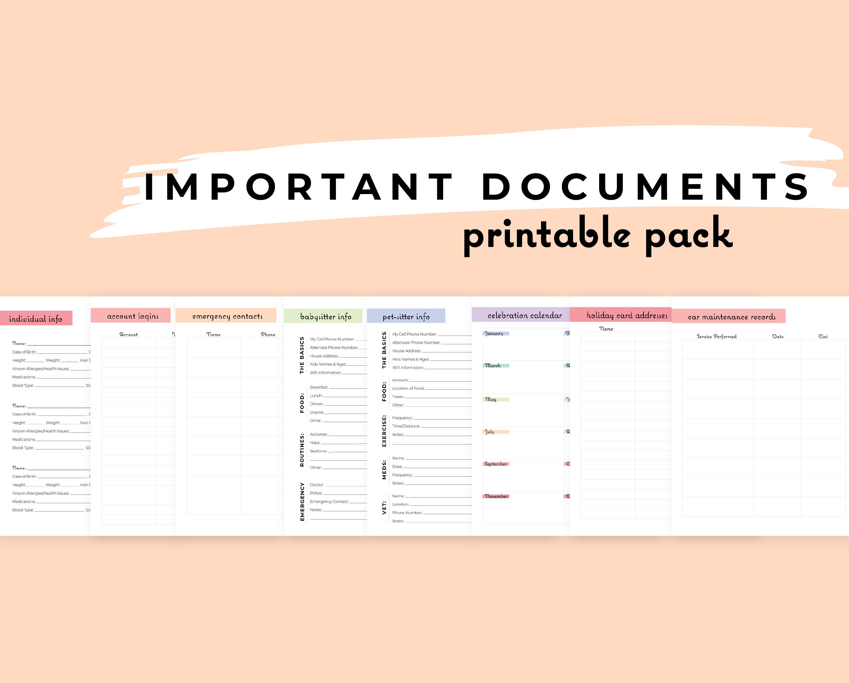 Important Documents Printable Pack colorful // Fun Home Management ...