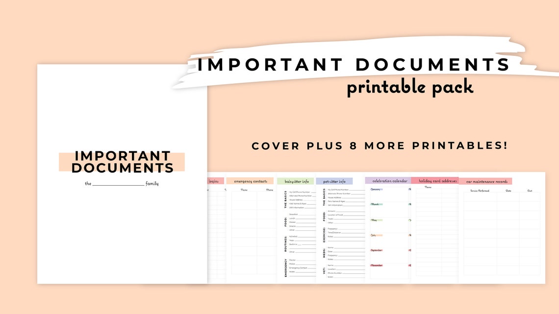 Important Documents Printable Pack colorful // Fun Home | Etsy