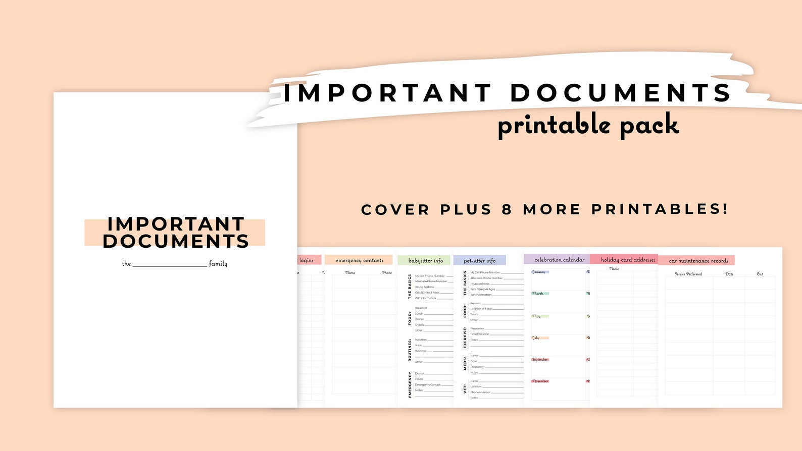 Important Documents Printable Pack colorful // Fun Home | Etsy