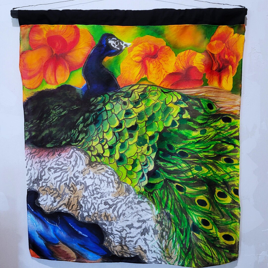Peacock in Bloom Painting on Silk Fabric Tapestry Original Art Painting ...