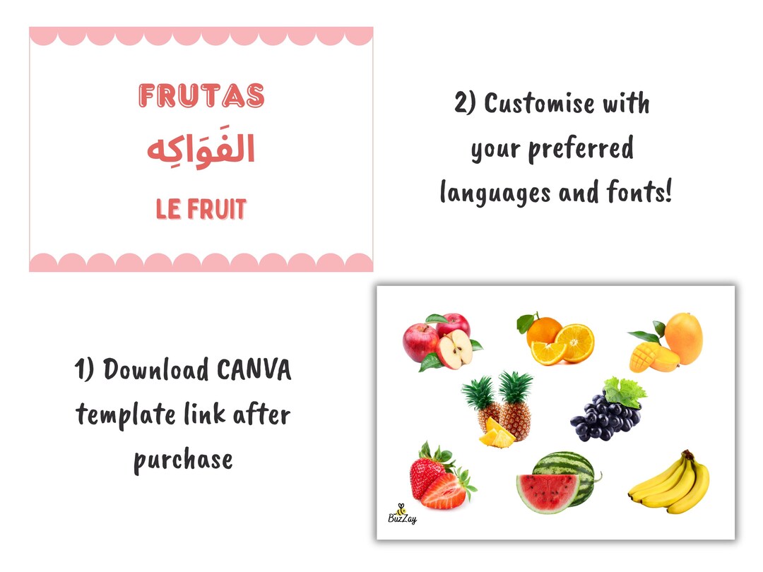 Canva Template - A6 Trilingual Flashcards (FRUITS) - Etsy