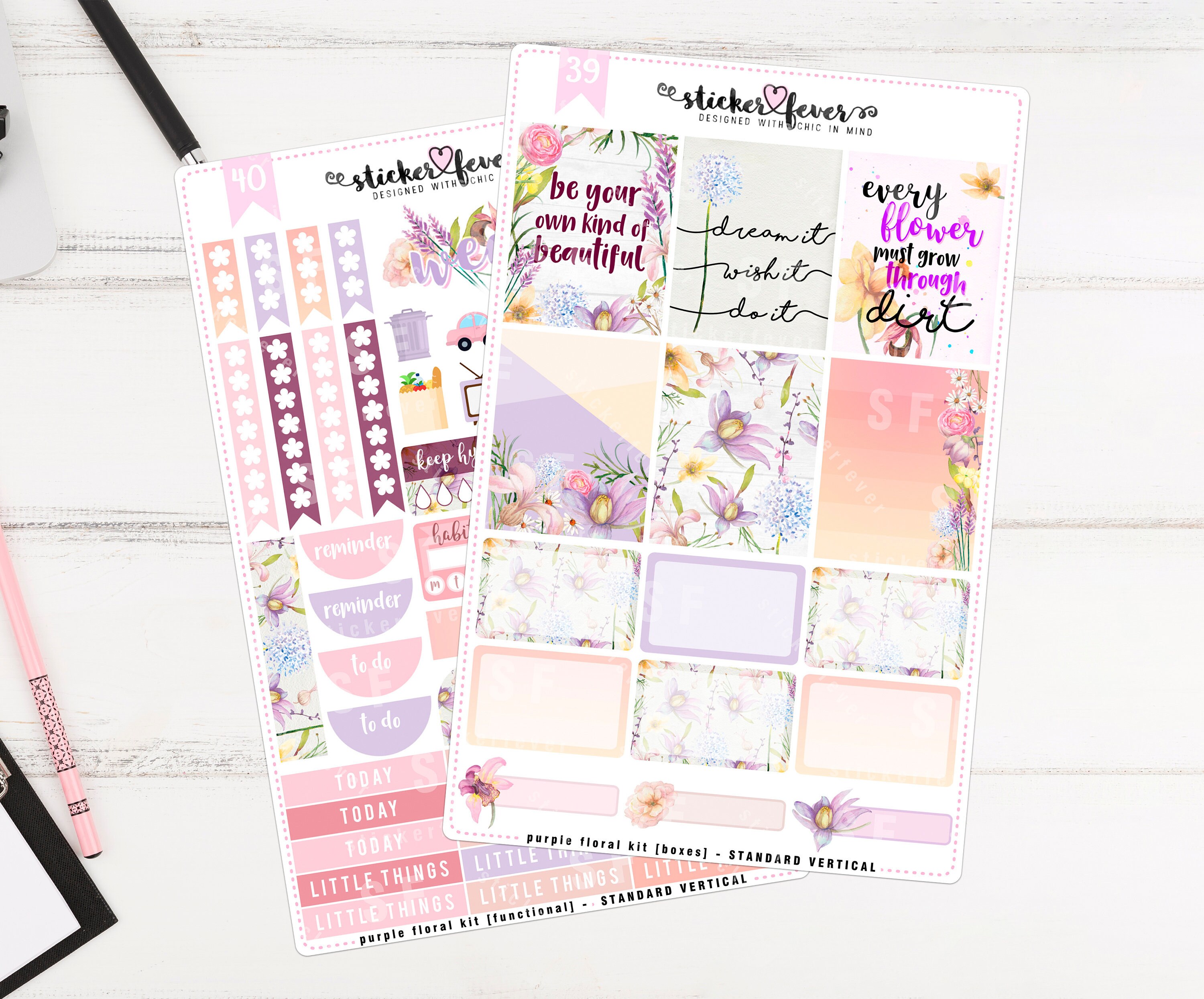 Purple Floral Mini Kit Standard Vertical Planner Stickers | Etsy