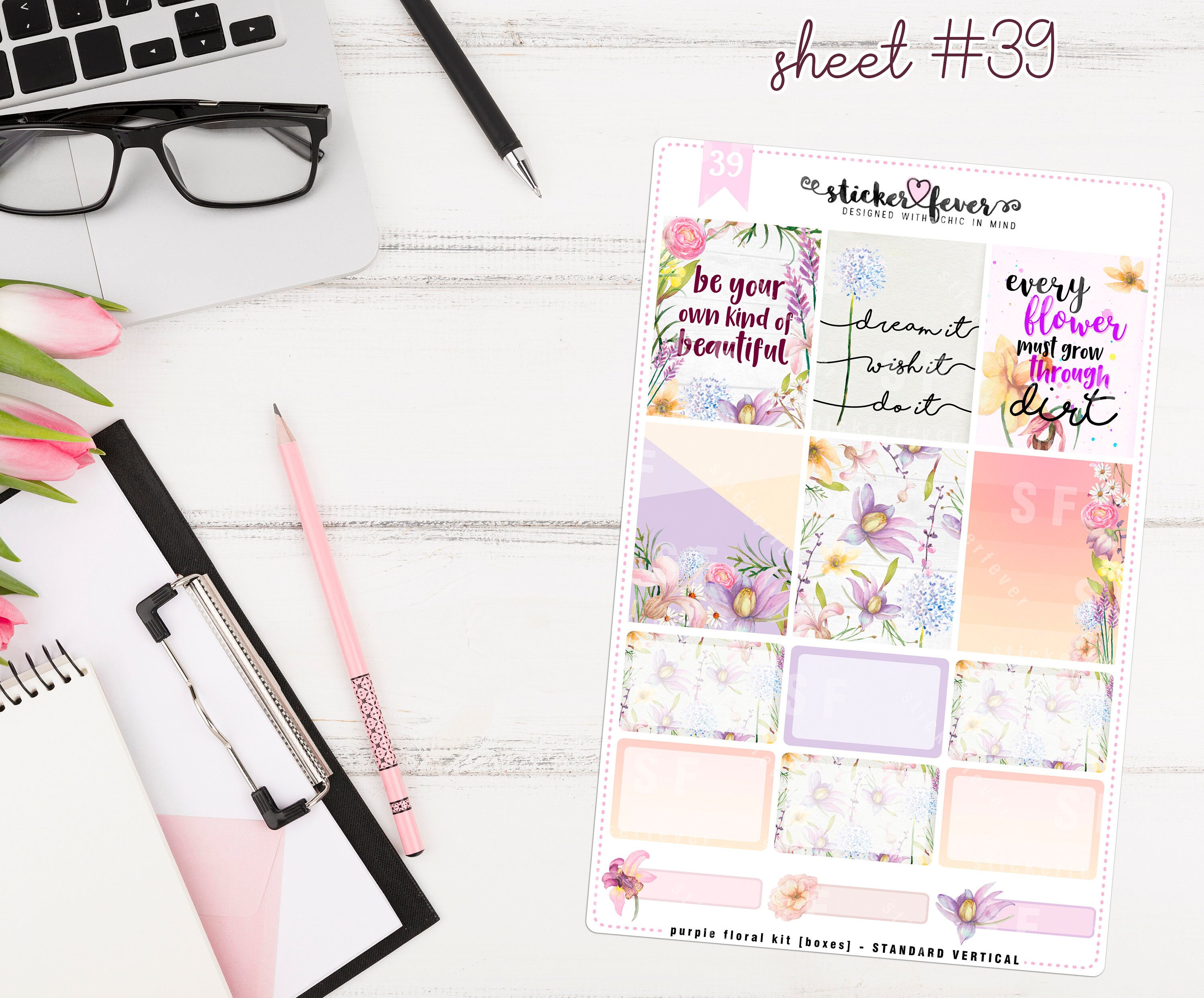 Purple Floral Mini Kit Standard Vertical Planner Stickers | Etsy