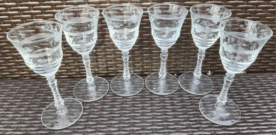 Set of 6 Vintage ROCK SHARPE Crystal Etched Tall Liquor Coktail Glasses ...