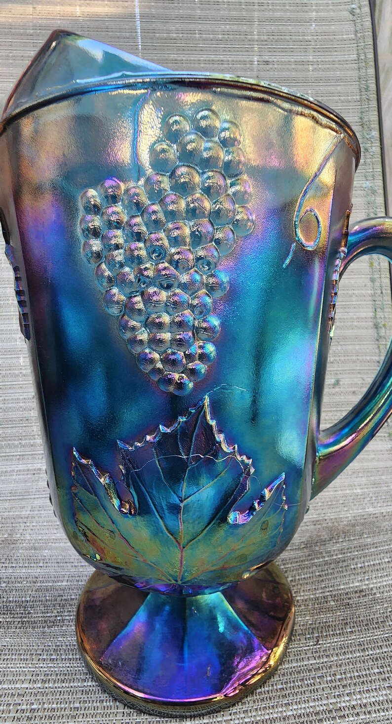 Vintage Blue Carnival Glass Big Pitcher - Etsy