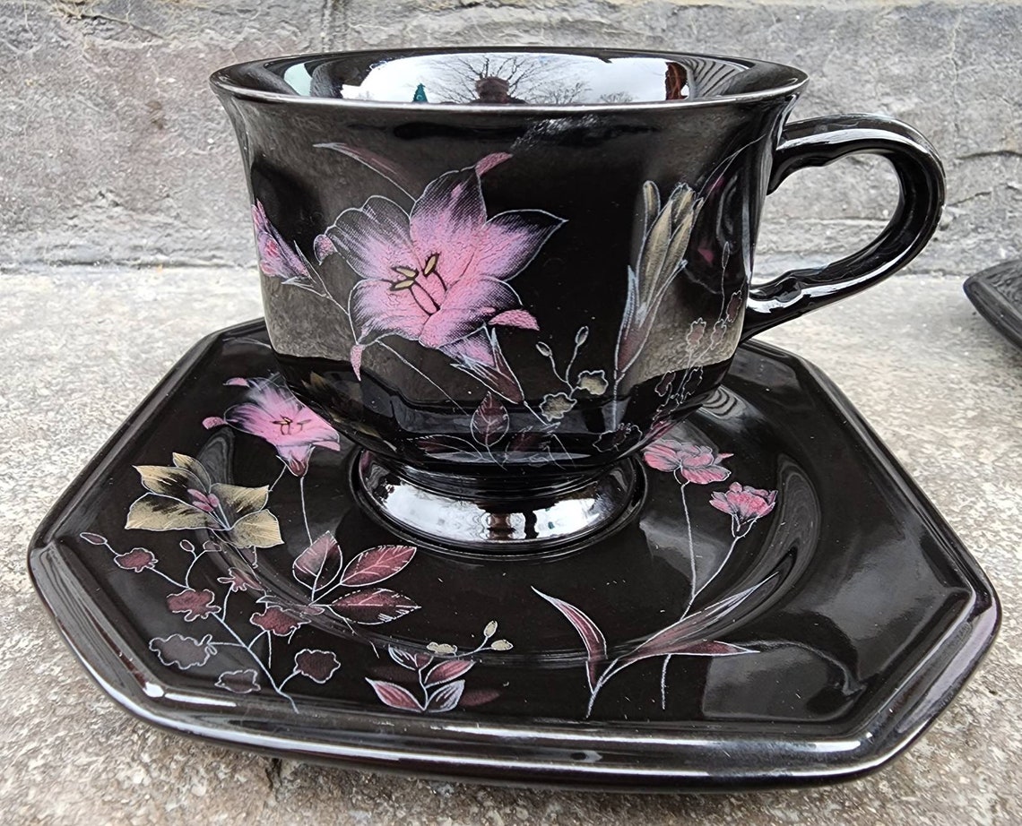 Vintage Mikasa Color Trend Dr 701 Ebony Meadow 4 Cups W/saucers Plus 2 ...