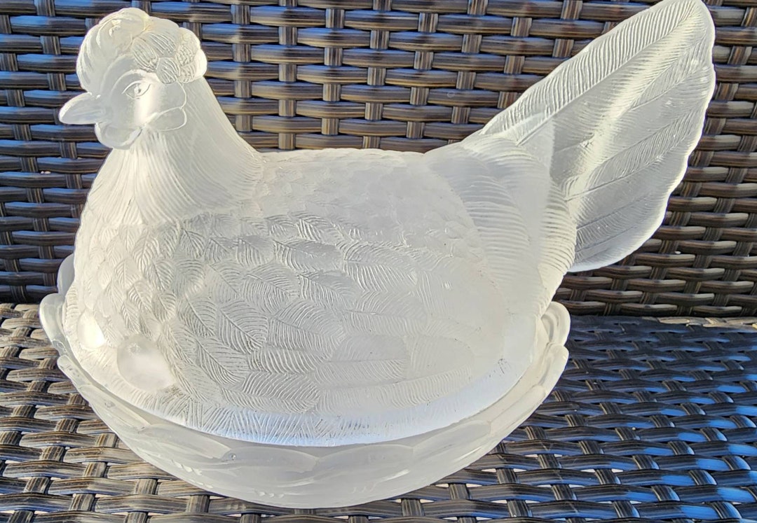 Vintage Large Clear Frosted Glass Hen on Lidded Dish Read - Etsy