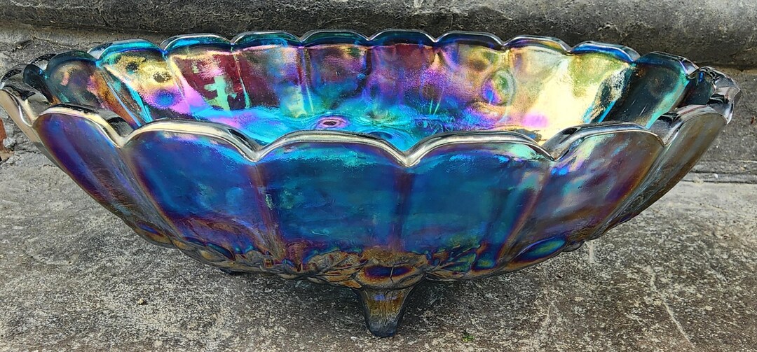 Vintage Iridescent Blue "carnival Glass" Grape Harvest Large Oval ...