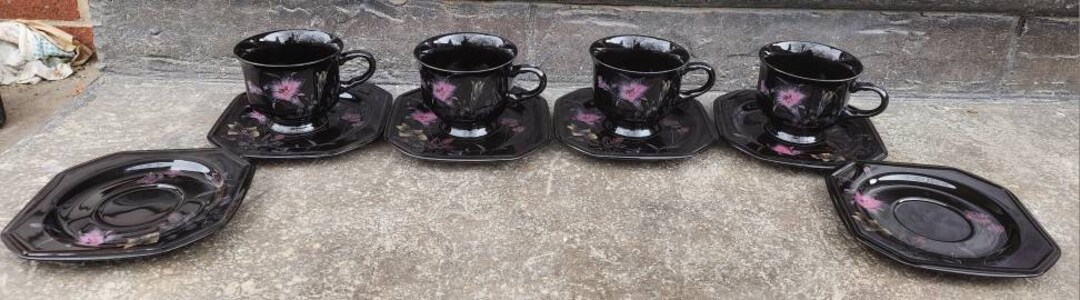 Vintage Mikasa Color Trend Dr 701 Ebony Meadow 4 Cups W/saucers Plus 2 ...