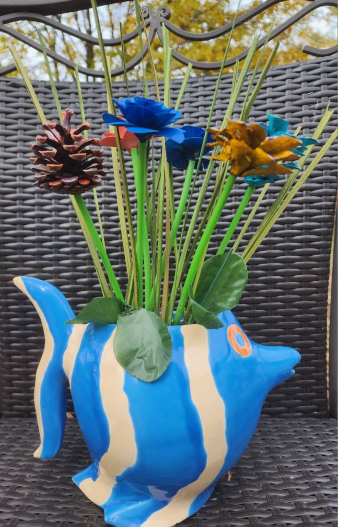 Big Ceramic Fish Planter W/handmade Faux Pinecone Flowers. - Etsy