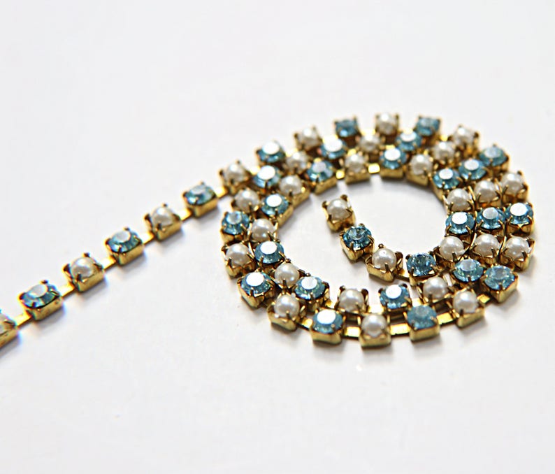 16ss Vintage Swarovski Rhinestone Chain | Aquamarine & Pearl Bridal ...