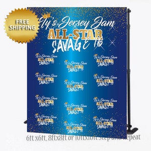 Sweet 16 Step and Repeat Backdrop Blue and Gold Backdrop 16th Birthday ...