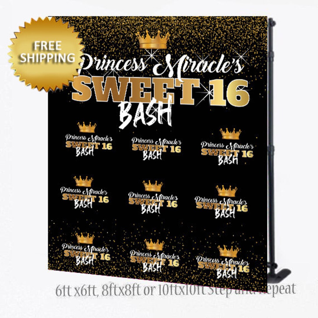Sweet 16 Step and Repeat Backdrop, Black and Gold Backdrop, 16th ...