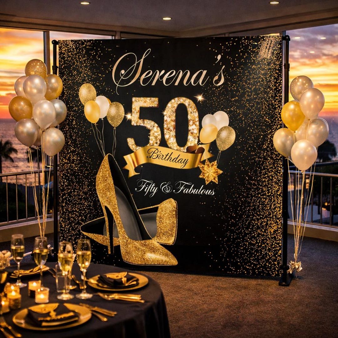 Birthday Photo Backdrop 50th Step and Repeat Gold and Black Birthday ...