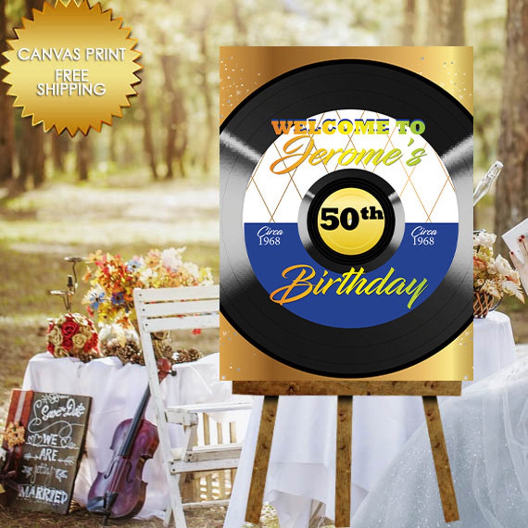 Vinyl Records Sign Stepping Into 50 Canvas Guest Book Sign Birthday ...