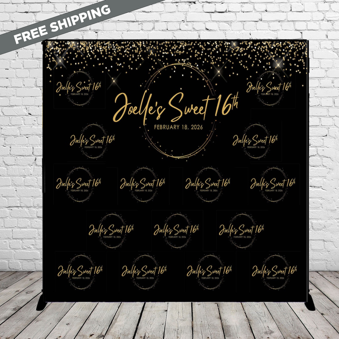 Sweet 16 Birthday Backdrop, Sweet 16 Step and Repeat, Black and Gold ...