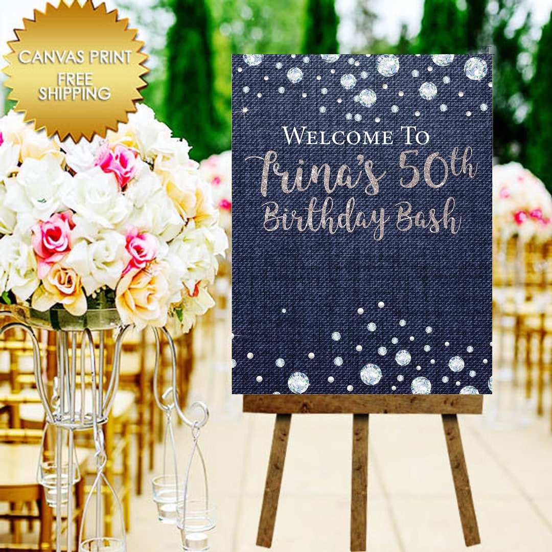 Birthday Guest Book Sign, Welcome Sign, Canvas, Denim and Diamonds Sign ...