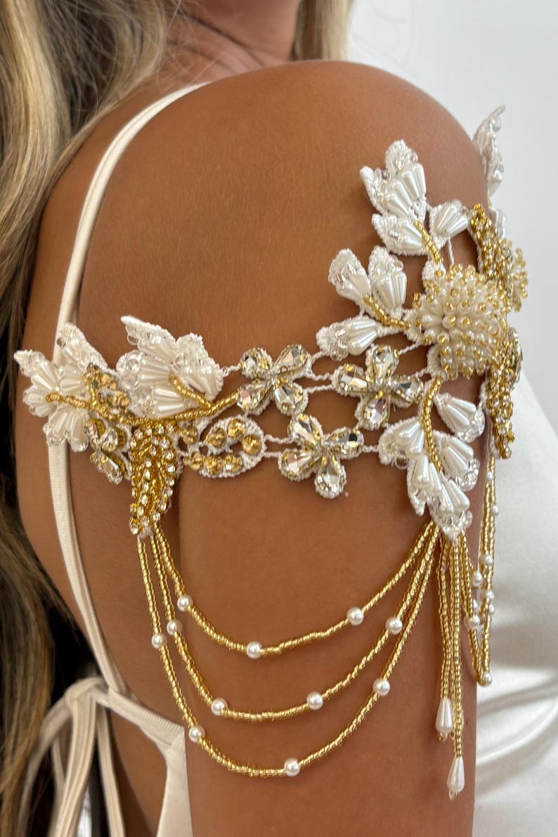 Gold Beaded Lace Bridal Shoulder Jewelry, Ivory Pearl Epaulettes - Etsy