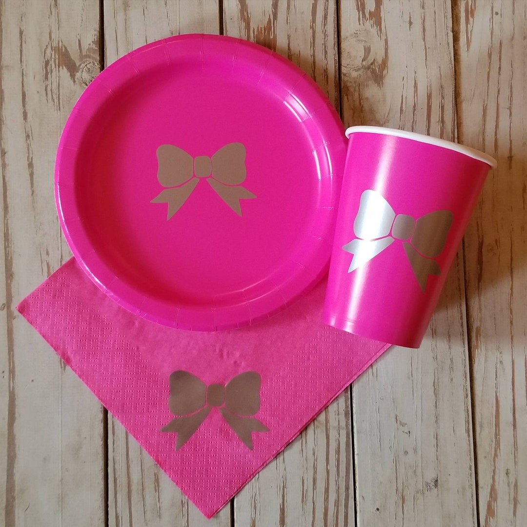 Pink and Silver Bow Plates, Cups, Napkins, First Birthday Plates, Cups ...