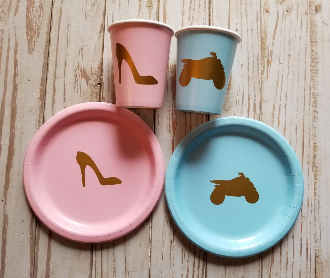Heels or Wheels Gender Reveal Plates, Cups and Napkins, Four Wheeler or ...