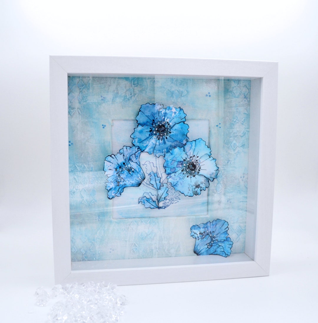 Handpainted Blue Poppy Shadow Box Frame: Pearl Embellished Floral Wall ...