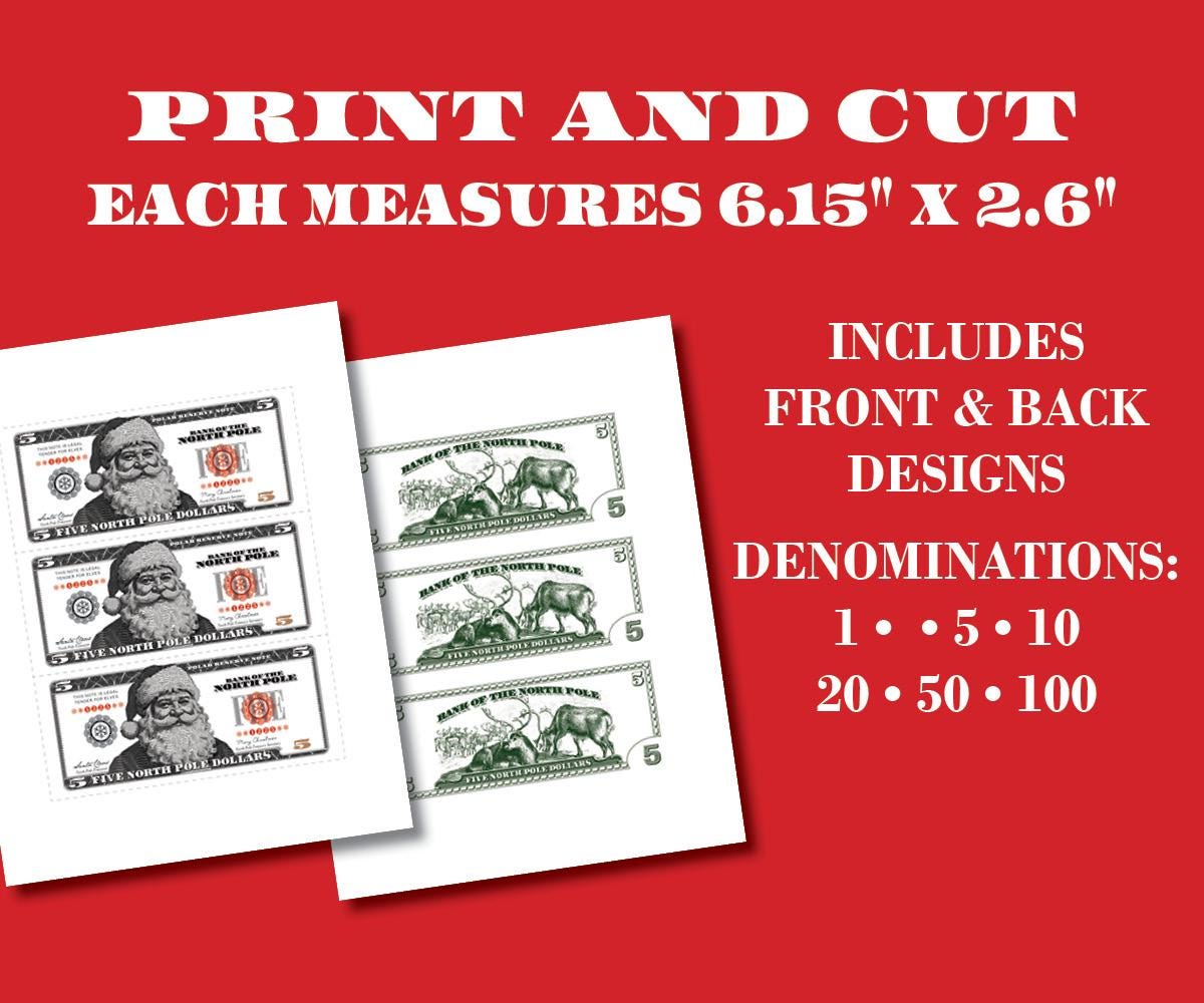 Santa Claus Modern Dollar Bills 1 5 10 20 50, 100 Denominations Instant ...