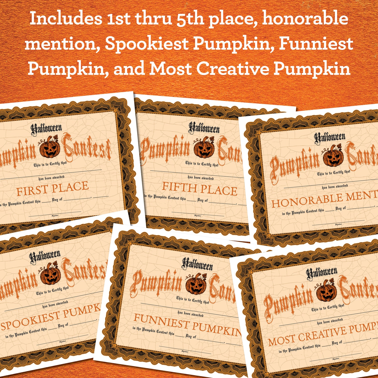 Halloween Pumpkin Contest Certificates PDF 1st Thru 5th Place Honorable ...