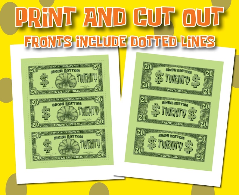 Bikini Bottom Clams Play Money Dollar Bills Instant Download Printable ...