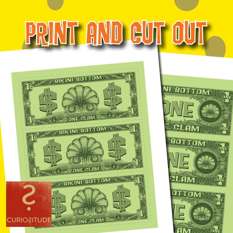 Bikini Bottom One Clam Play Money Dollar Bills Instant Download ...