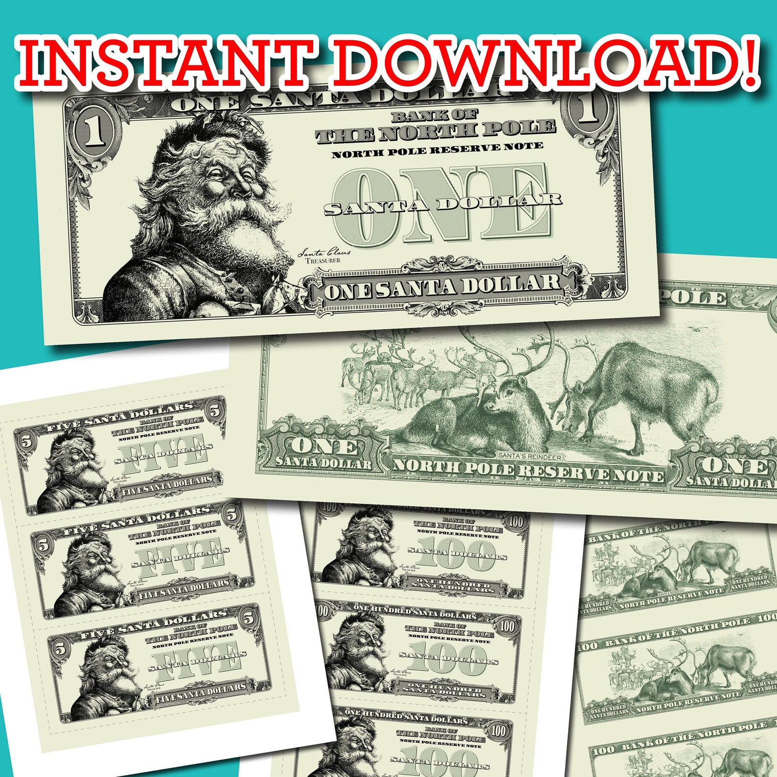 Santa Claus Dollar Bills 1, 5, 10, 20, 50, 100 Denominations Instant ...