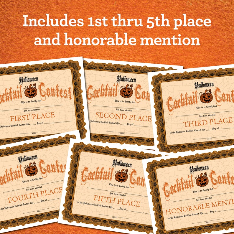 Halloween Cocktail Contest Certificates 1st Thru 5th Place & Honorable ...